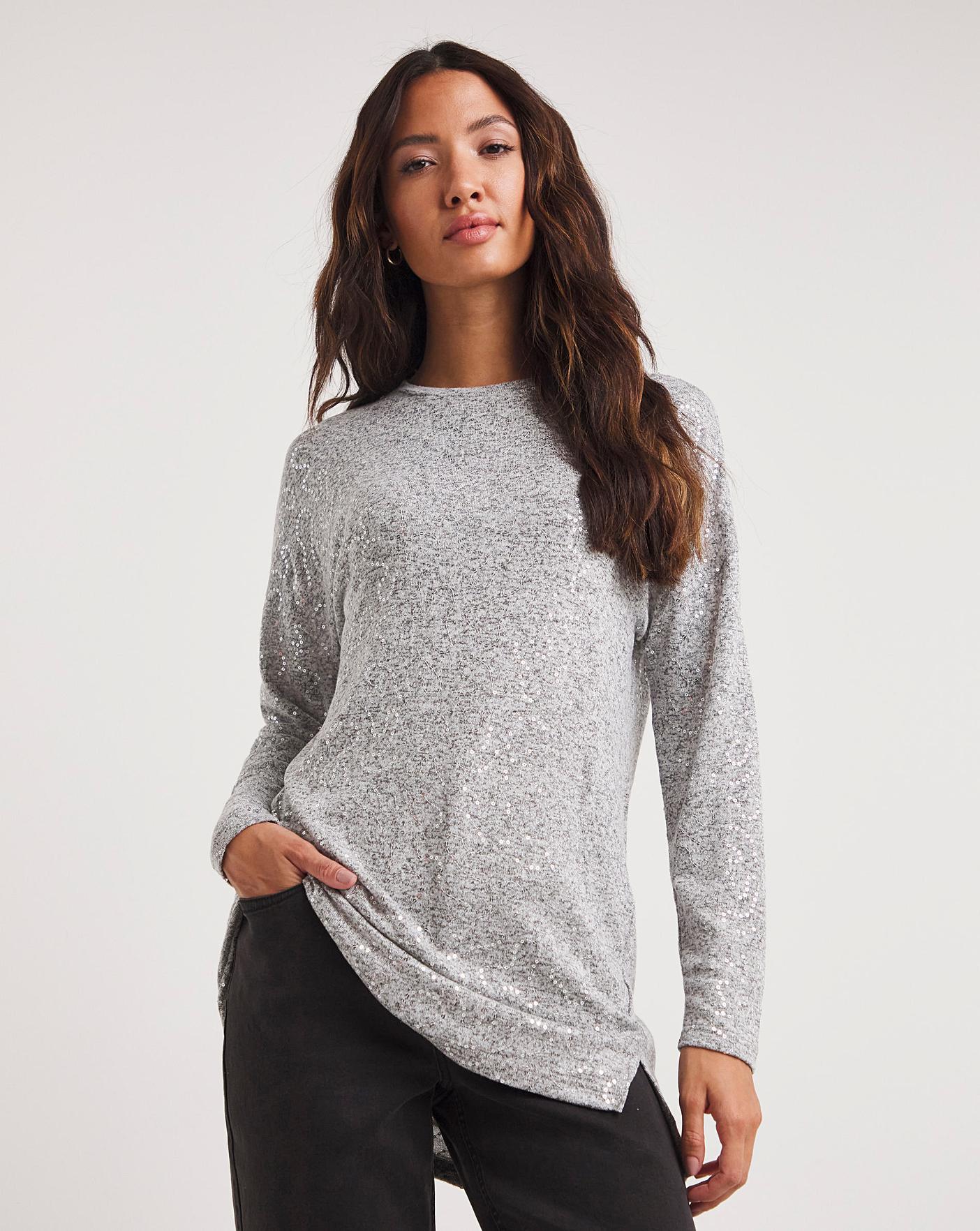 Grey Sequin Knit Look Split Hem Tunic | Marisota