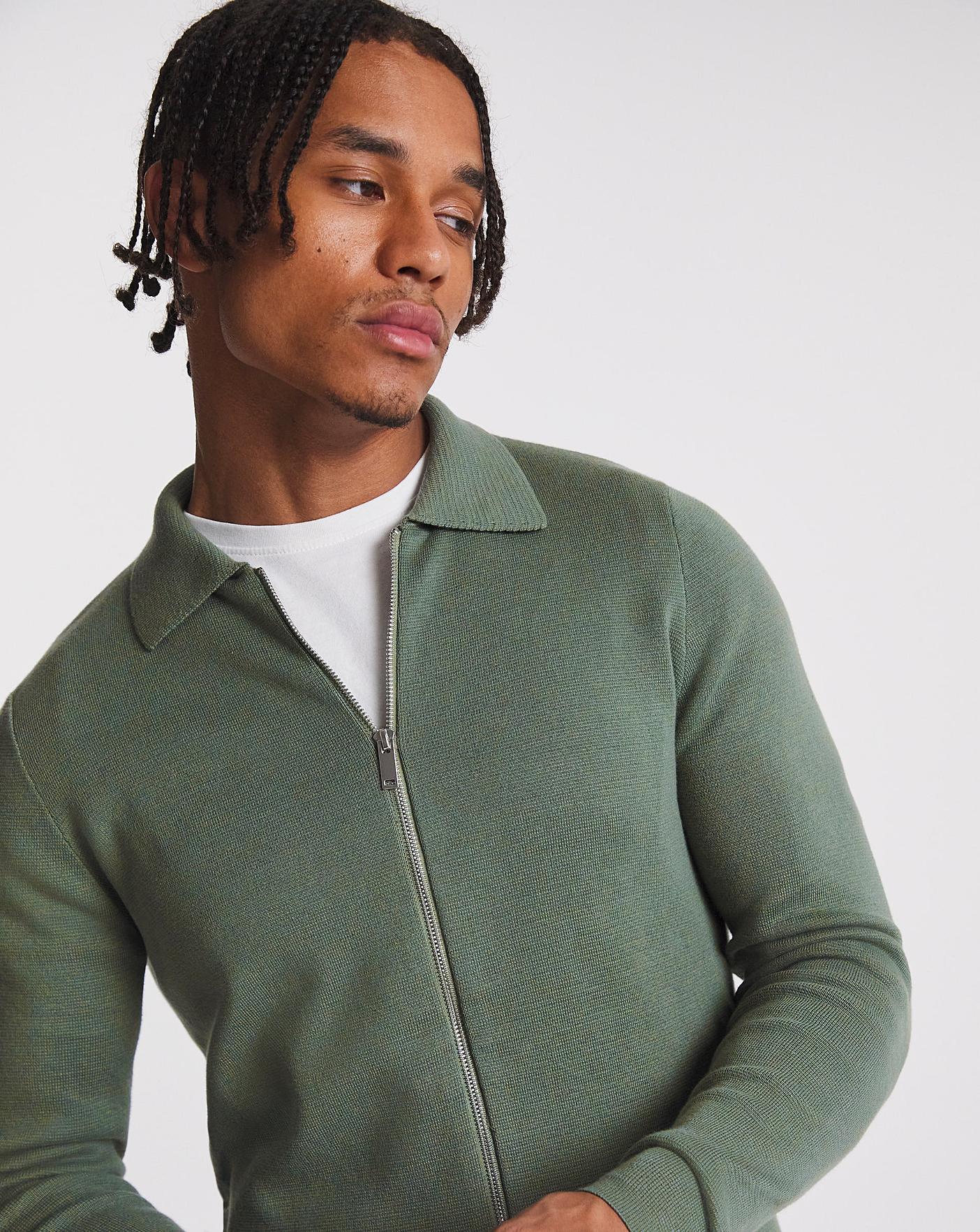 Green Cotton Knitted Zip Through Shirt | Premier Man