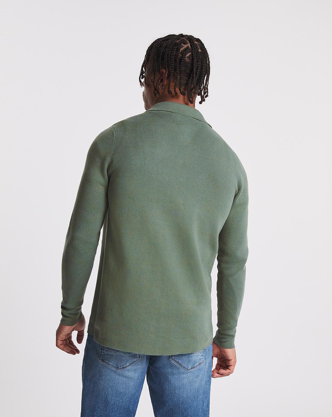 Green Cotton Knitted Zip Through Shirt | Premier Man