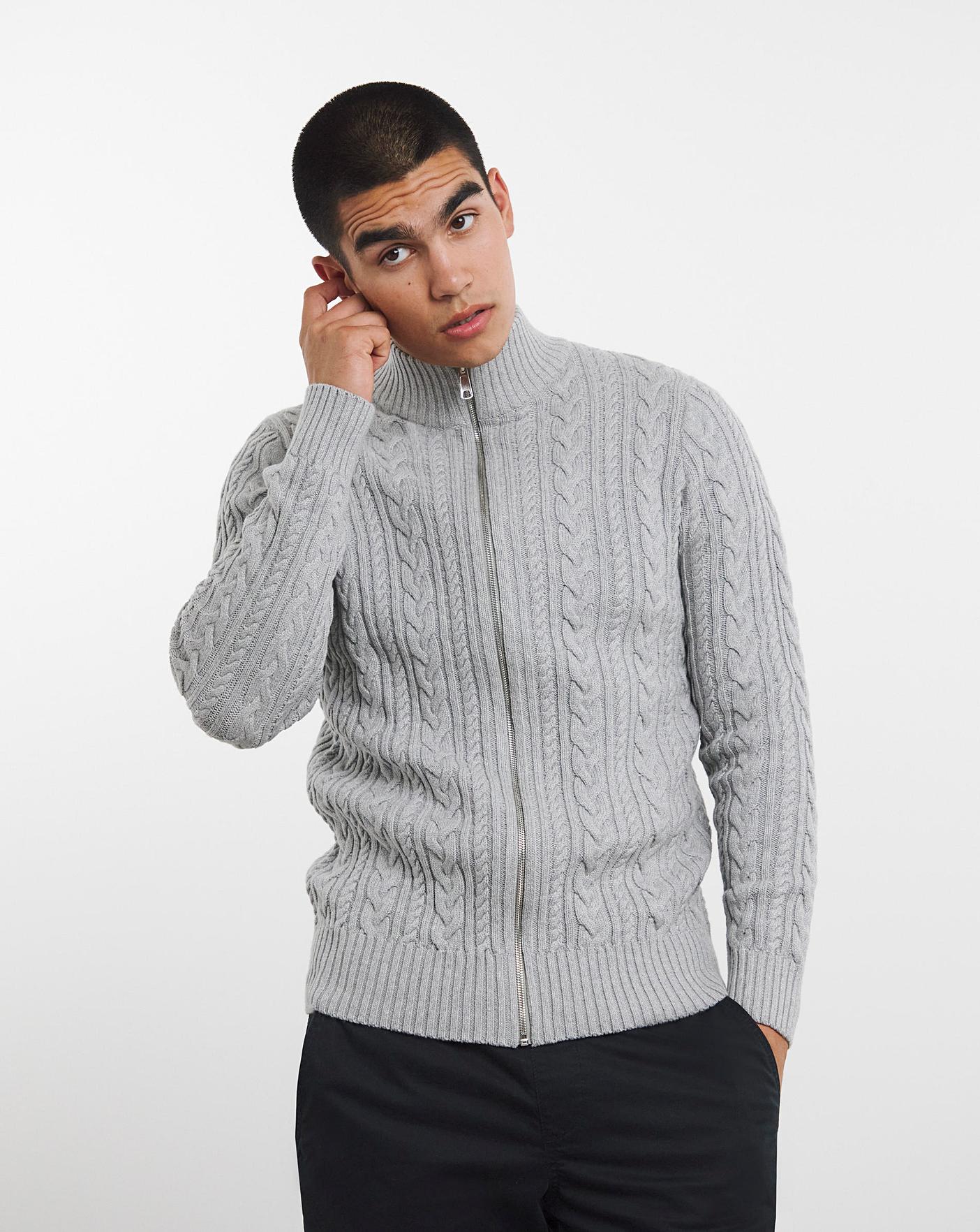 Grey Cable Knit Full Zip Through | Premier Man