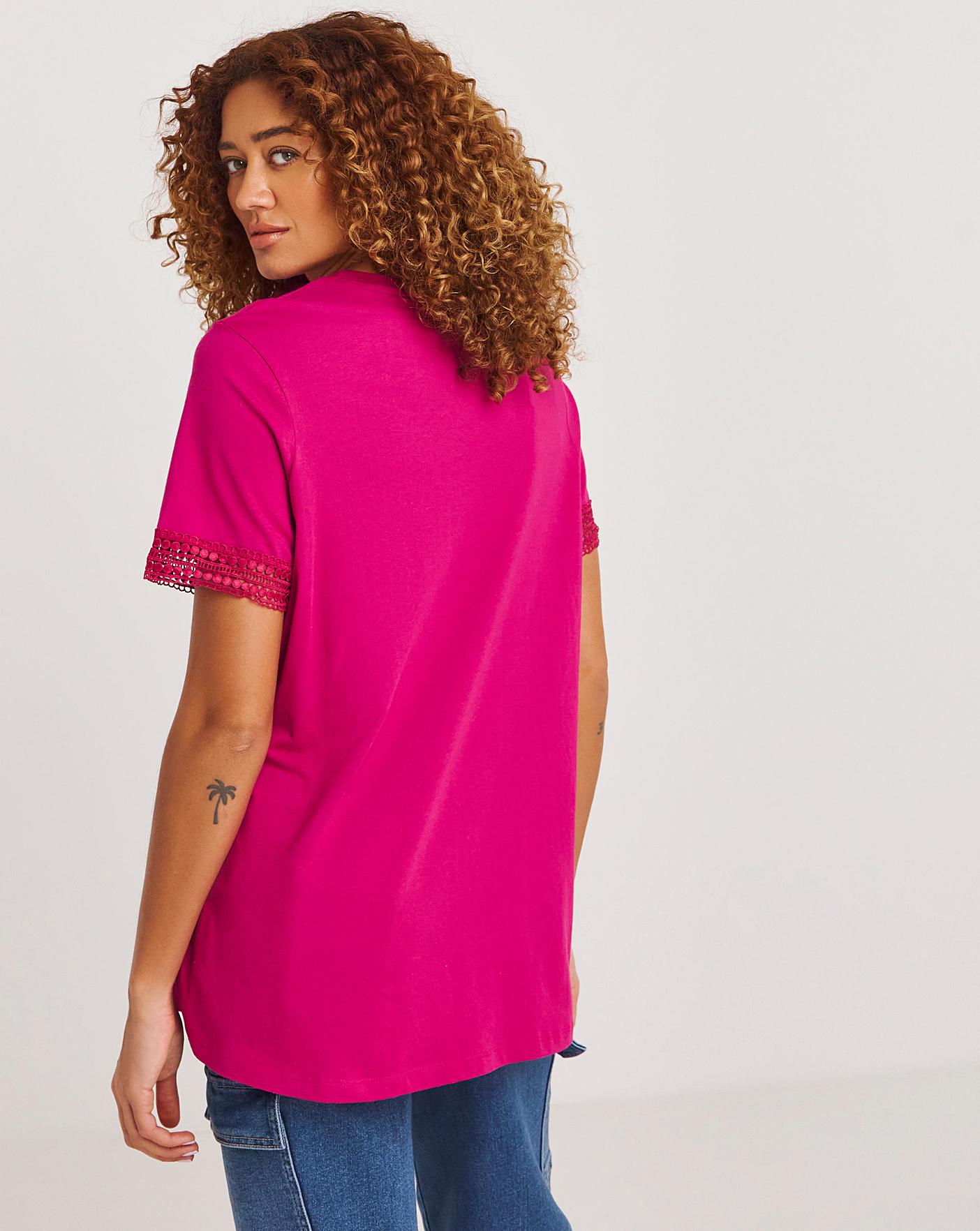 Pink Lace Trim Short Sleeve Longline Top | Marisota