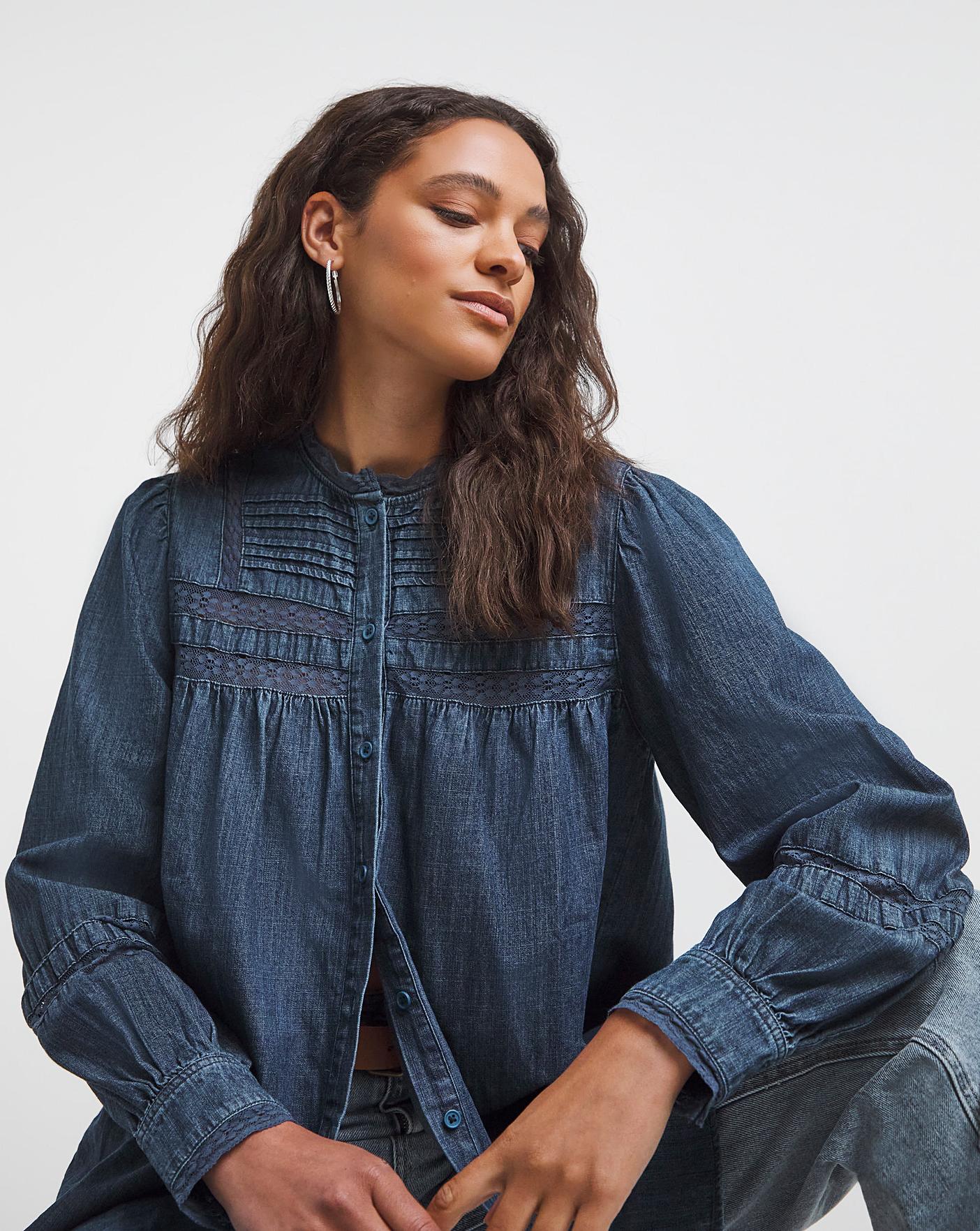 Mid Blue Lace Insert Denim Blouse | Fashion World