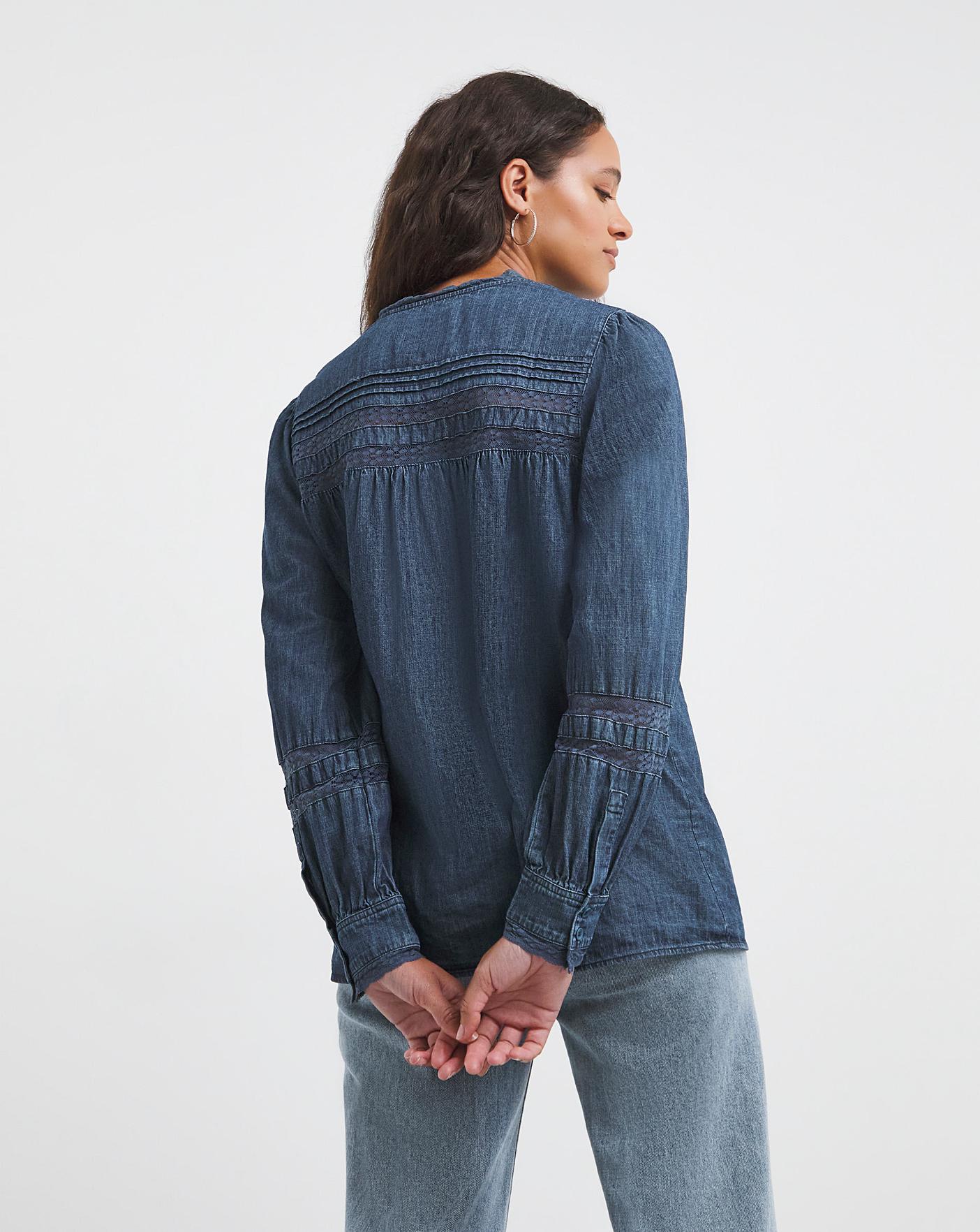 Mid Blue Lace Insert Denim Blouse | Fashion World