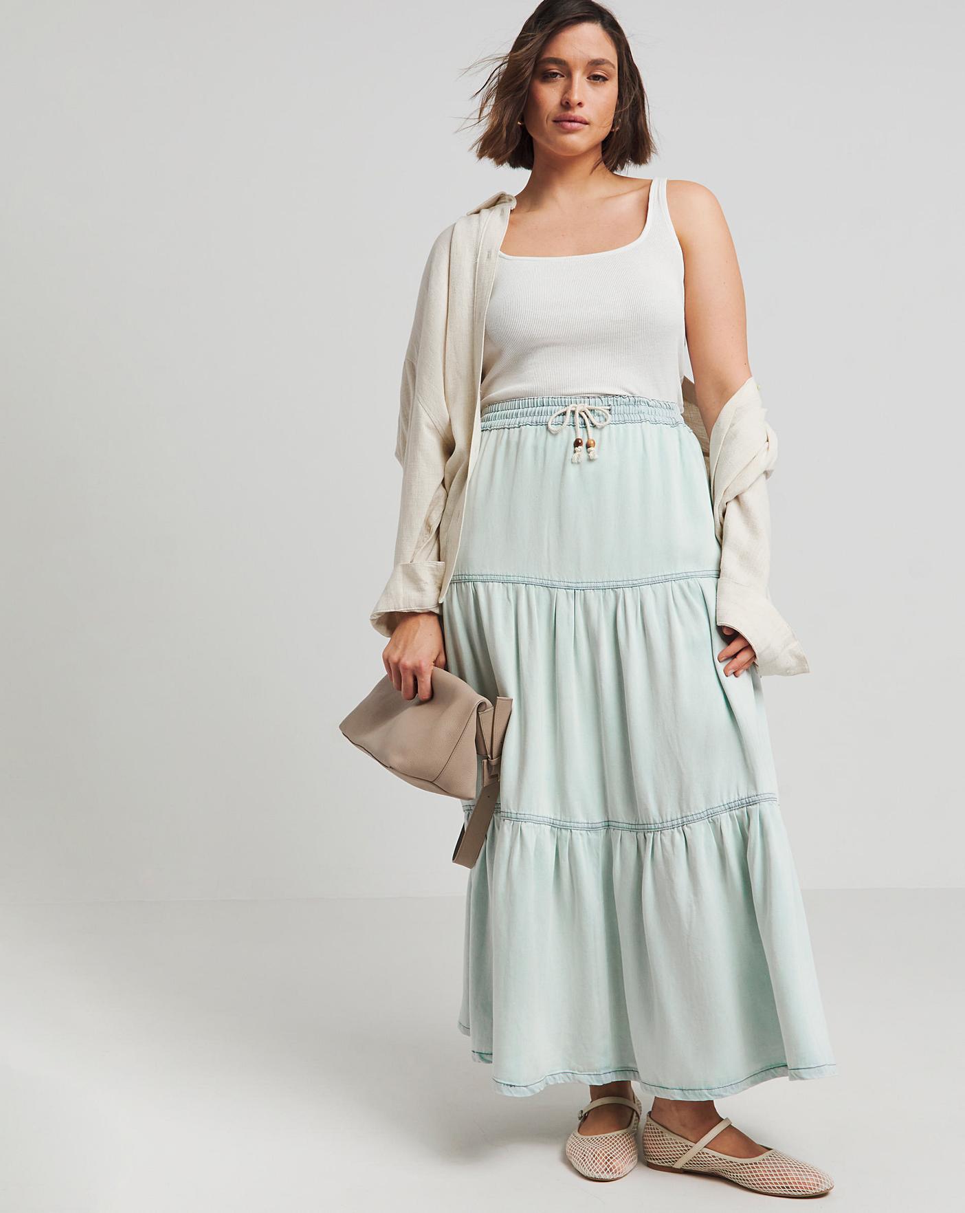 Lightweight Denim Tiered Maxi Skirt | Fashion World